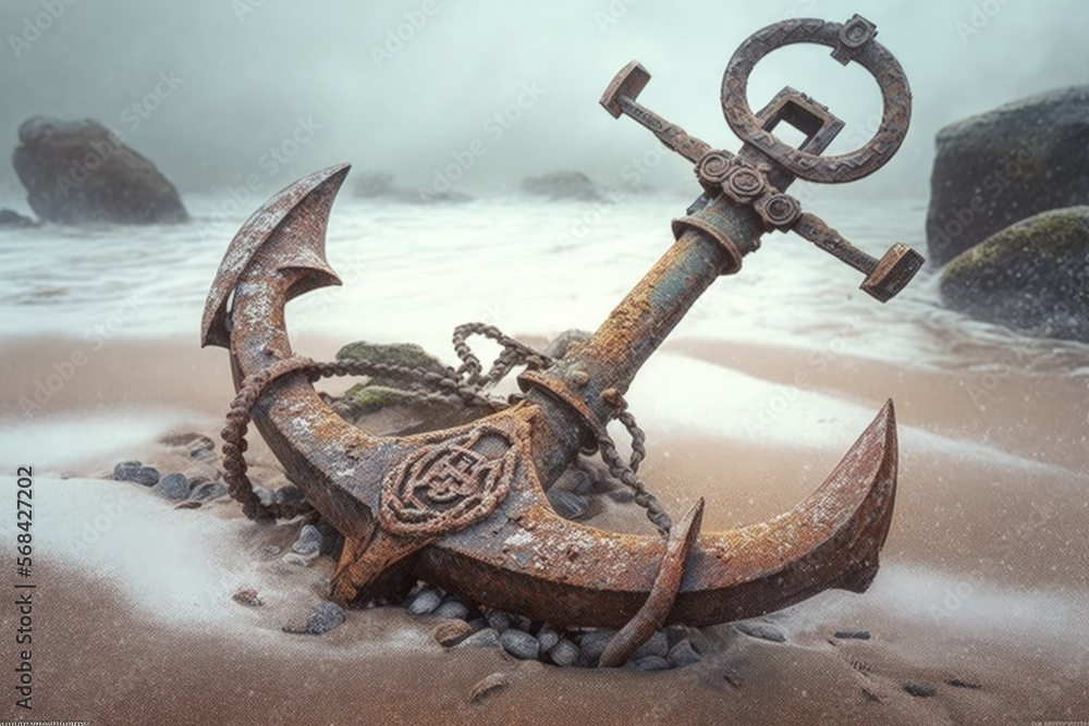 Old and rusty anchor of a pirate ship on the beach of an island, sea in ...