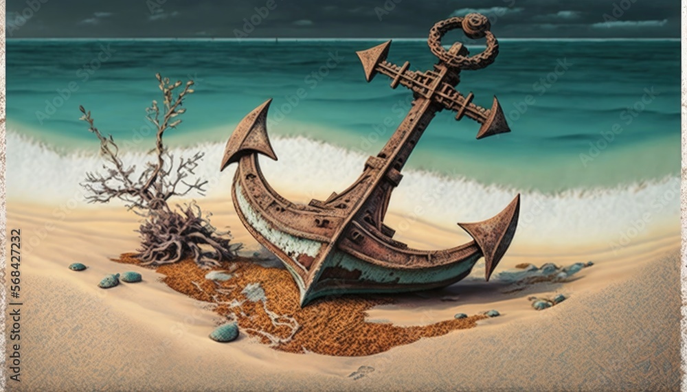 Old and rusty anchor of a pirate ship on the beach of an island, sea in ...