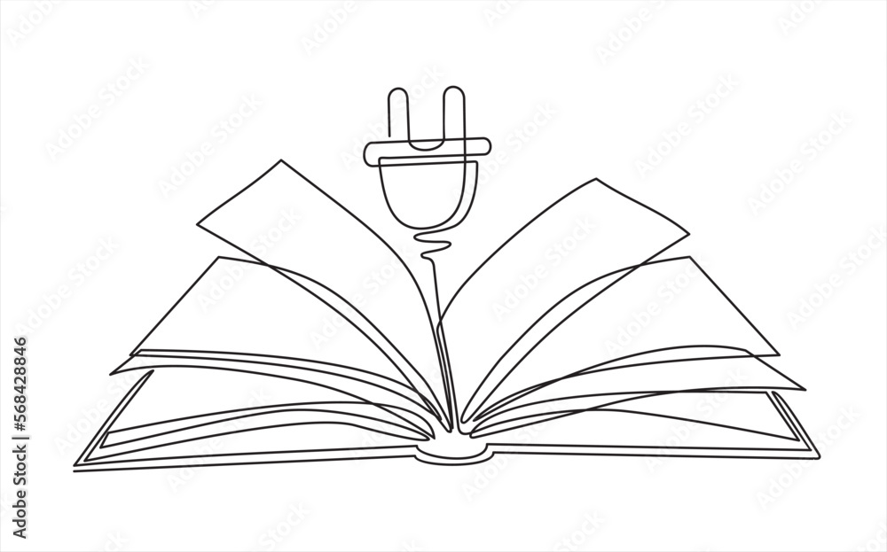 continuous one line drawing of Open book with cable plug, electronic ...
