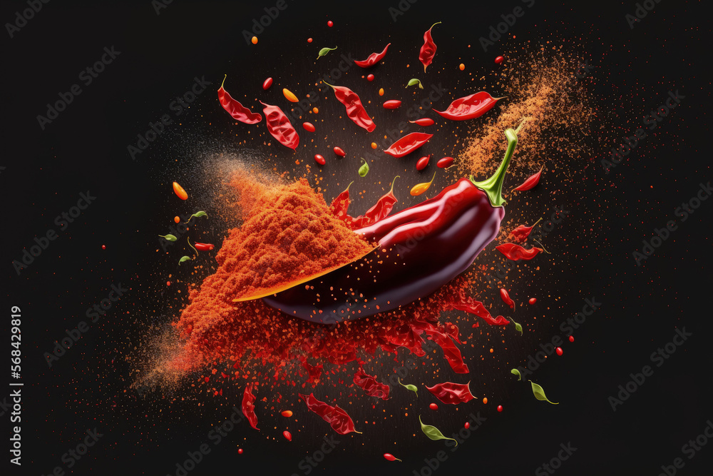 Explosion of red paprika spices powder and a flying chili pepper on a ...