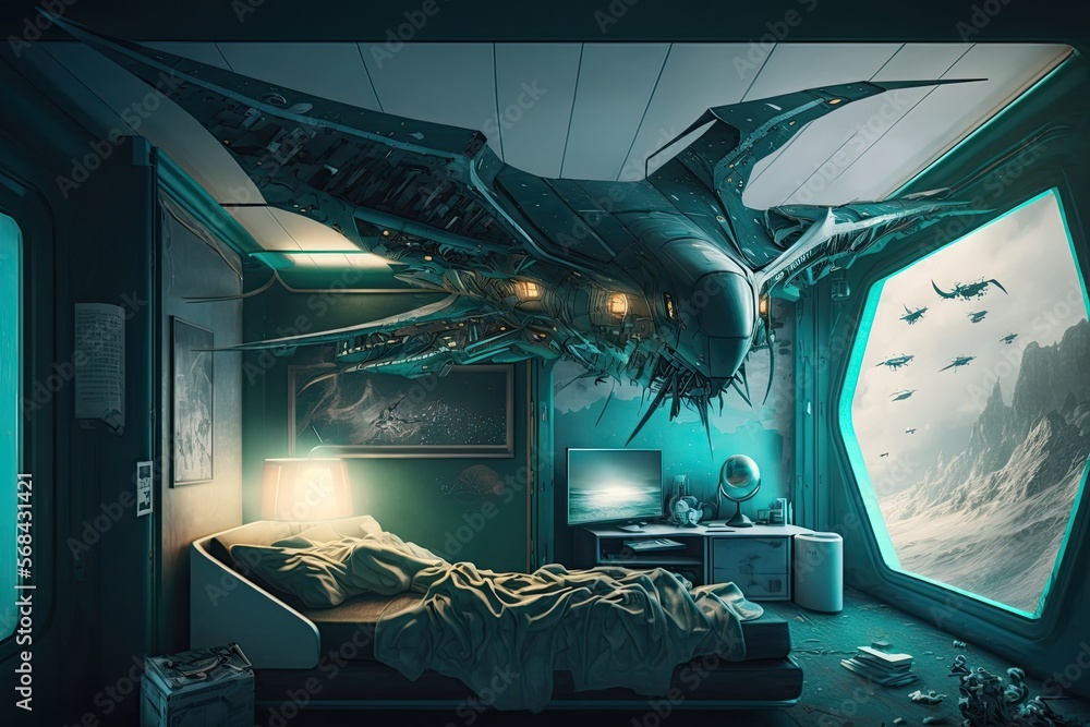 Intimate and cinematic ceiling top down shot of handsome male spaceship ...