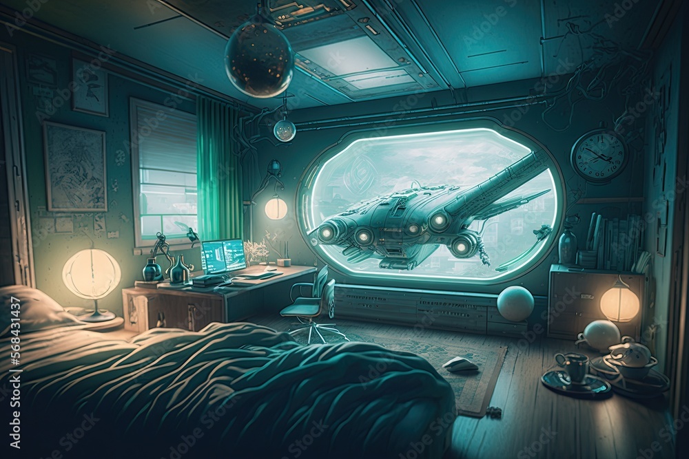 Intimate and cinematic ceiling top down shot of handsome male spaceship ...