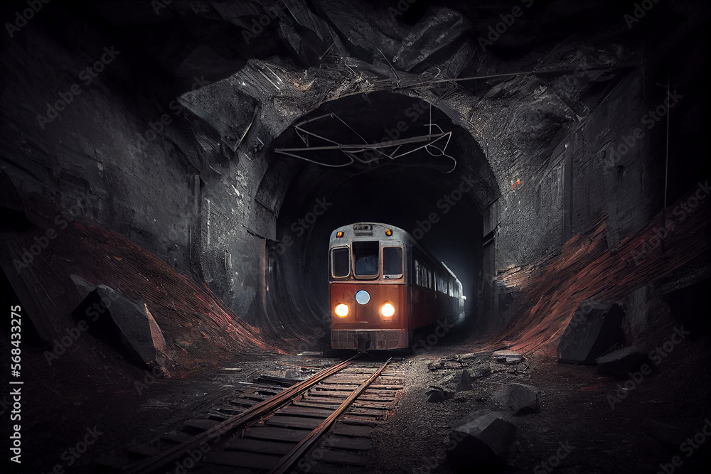 A large underground tunnel with a railway, tram, tram tracks, abandoned, old without people ...