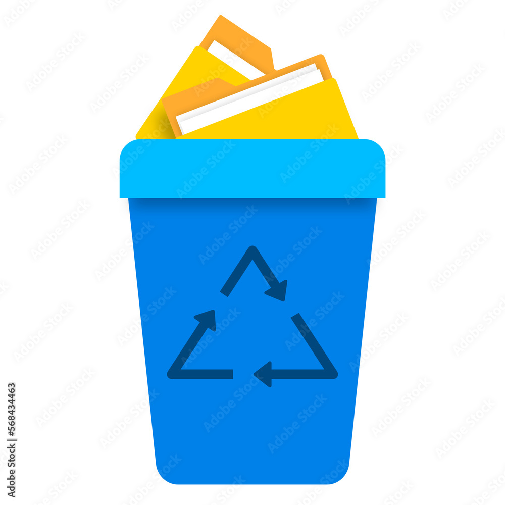 blue recycle bin icon with some folders. Folders in trash bin on ...