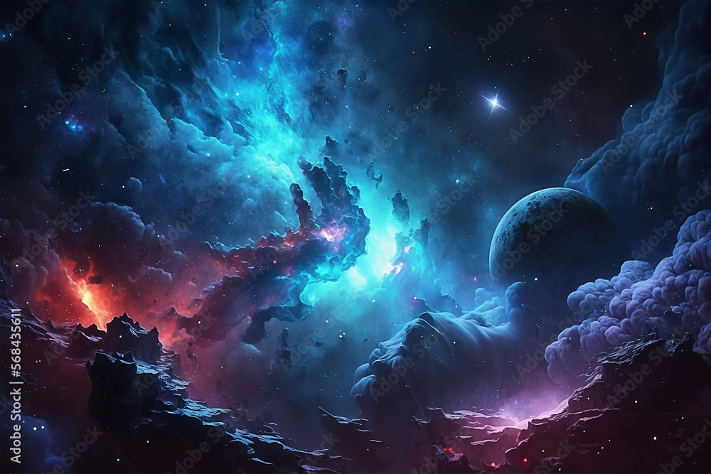 Big Panoramic View of Colorful Dark Blue Nebula in Space with Bright ...