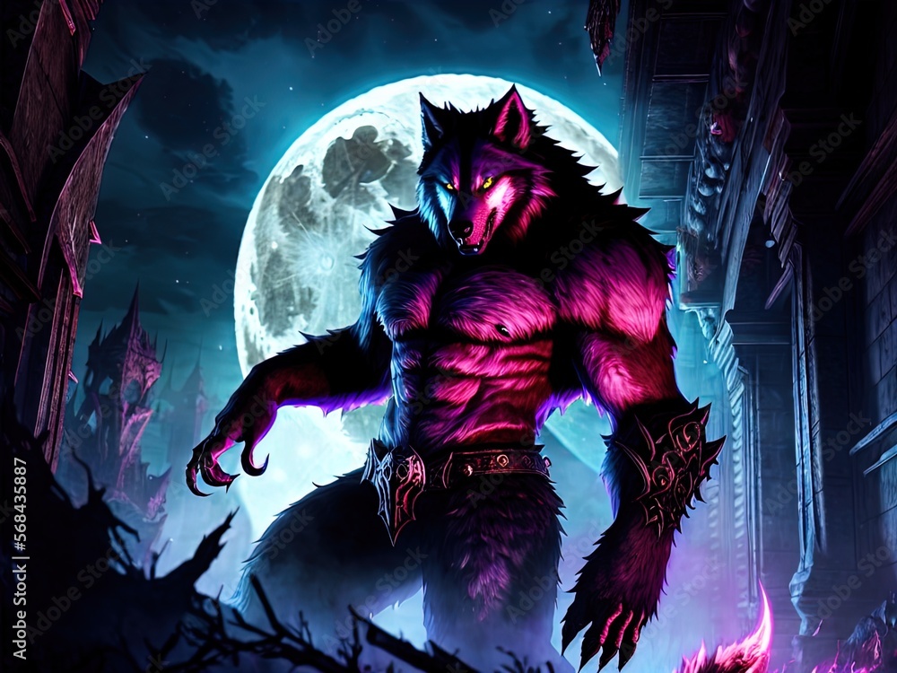 A savage werewolf stands under a full moon. Stock Illustration | Adobe ...