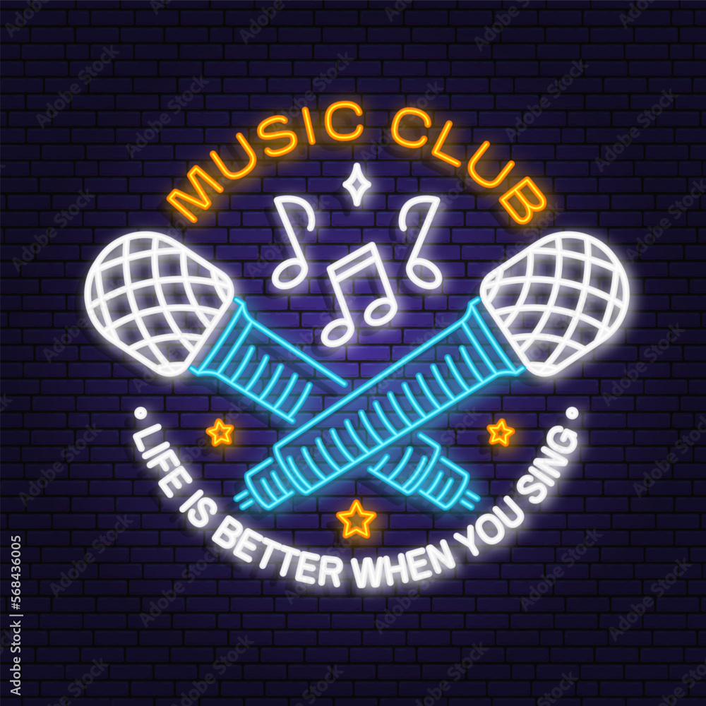 Music club neon poster, banner. Neon sign, emblem, bright signboard ...