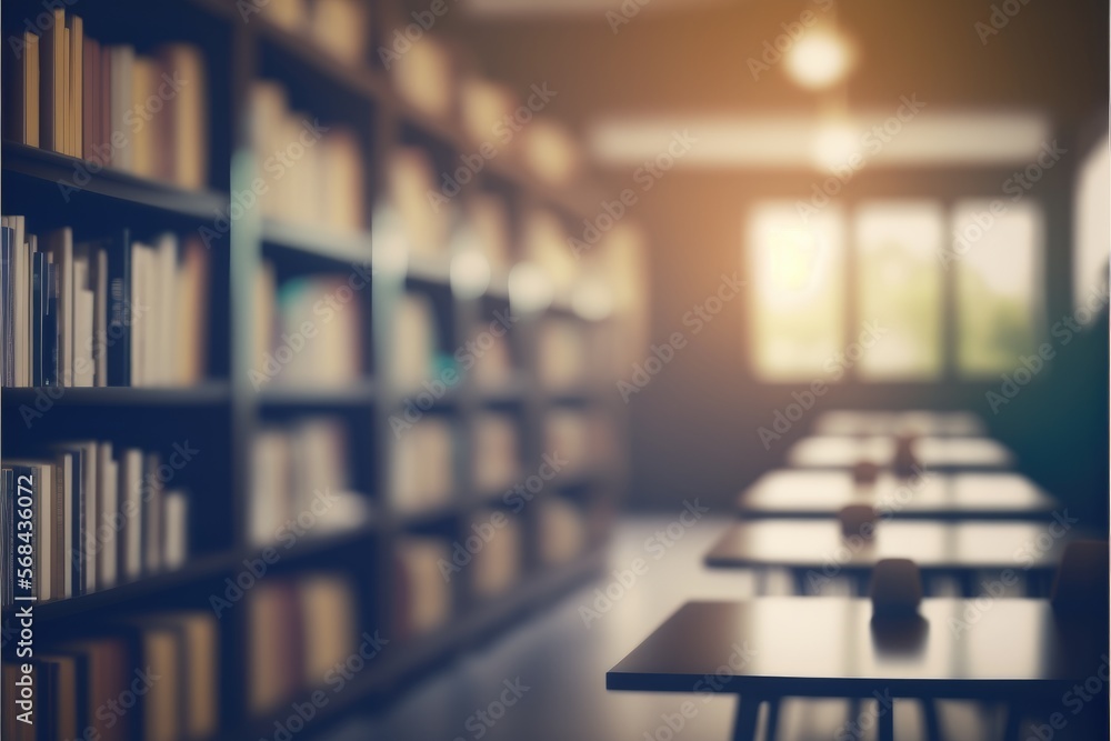 Abstract blurred empty college library interior space. Blurry classroom ...