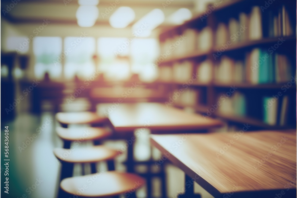 Abstract blurred empty college library interior space. Blurry classroom ...