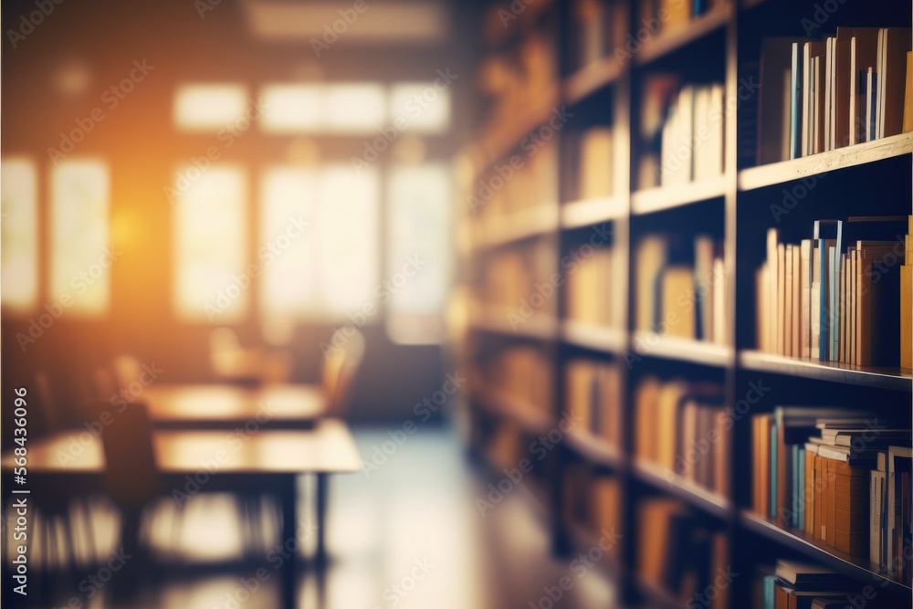 Abstract blurred empty college library interior space. Blurry classroom ...