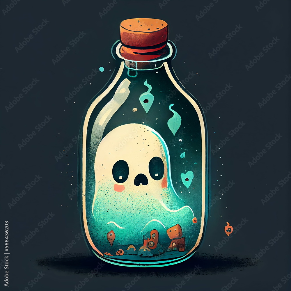Cute retro ghost stuck in a potion bottle. Ghost trapped in a vial ...