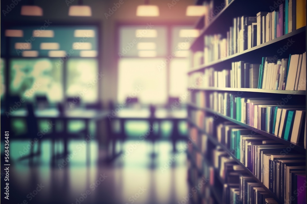 Abstract blurred empty college library interior space. Blurry classroom ...