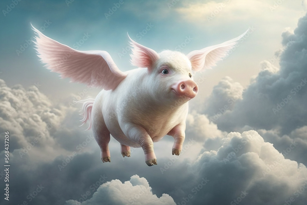 Illustration of a pig with wings flying in the clouds - AI generative ...