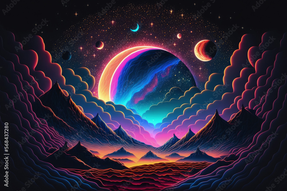 Abstract neon space landscape dream. Month and moon, mountains, fog ...