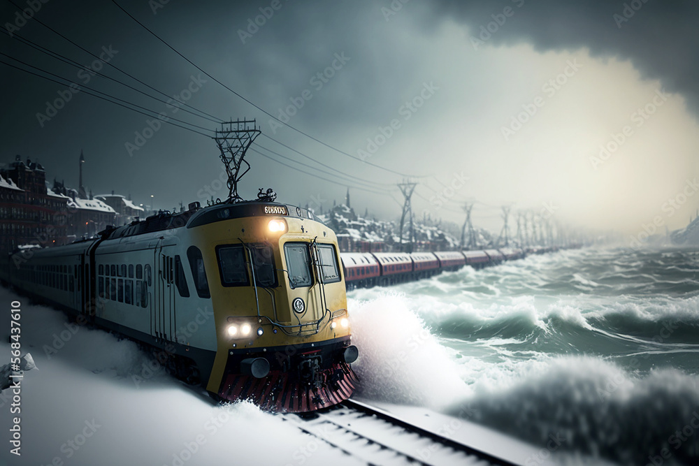 Snowplow train with turbines that hurtles through the snowdrifts on the ...