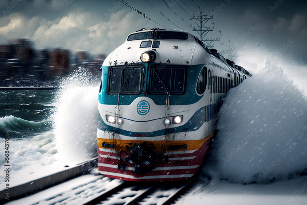 Snowplow train with turbines that hurtles through the snowdrifts on the ...