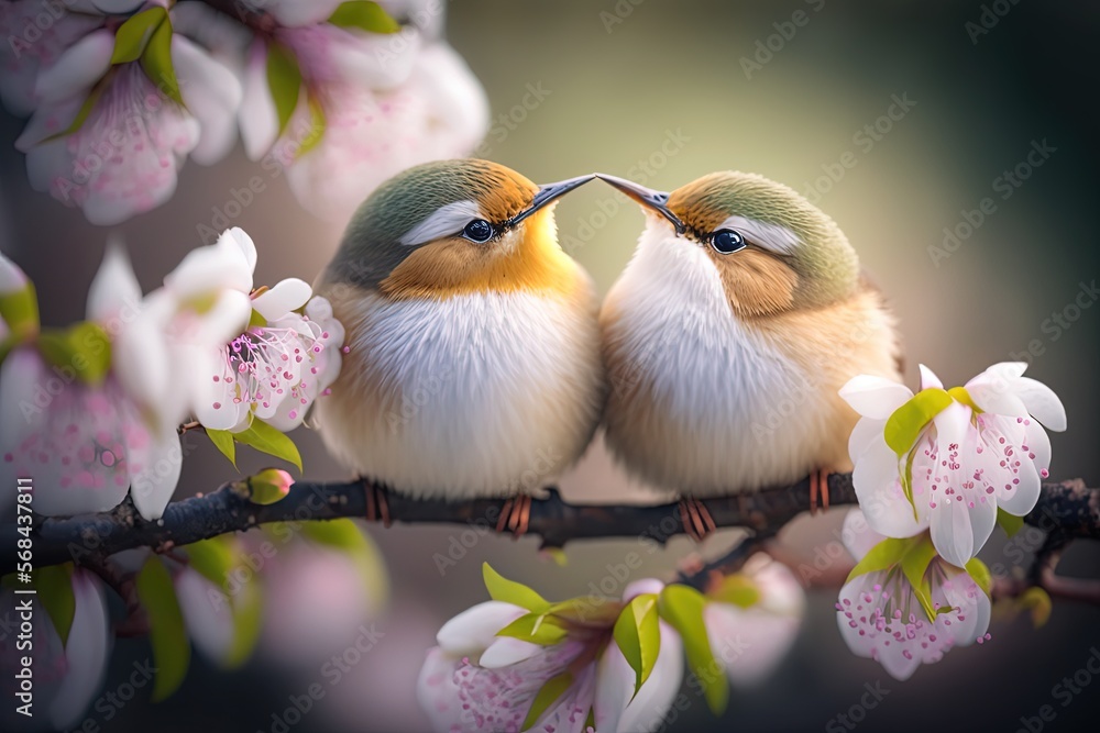 close up cute couple sparrow bird cuddle each other during warm spring ...