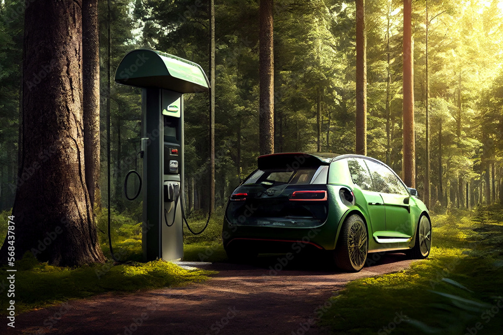 Electric refueling station and refueling an electric car in a forest ...