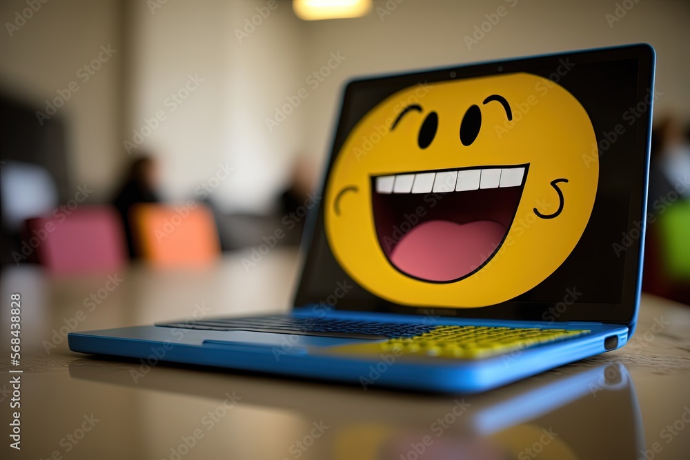 vintage tone color of laptop with smile face, idea as happy working and ...