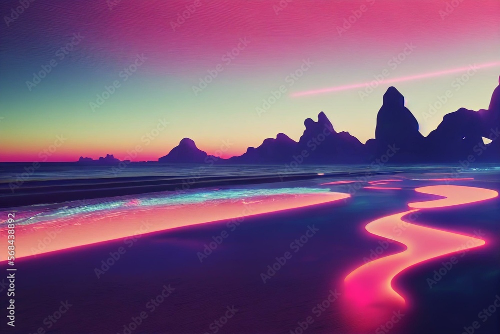 vaporwave neon on a beach with a cyberpunk-style sunset GENERATIVE AI ...