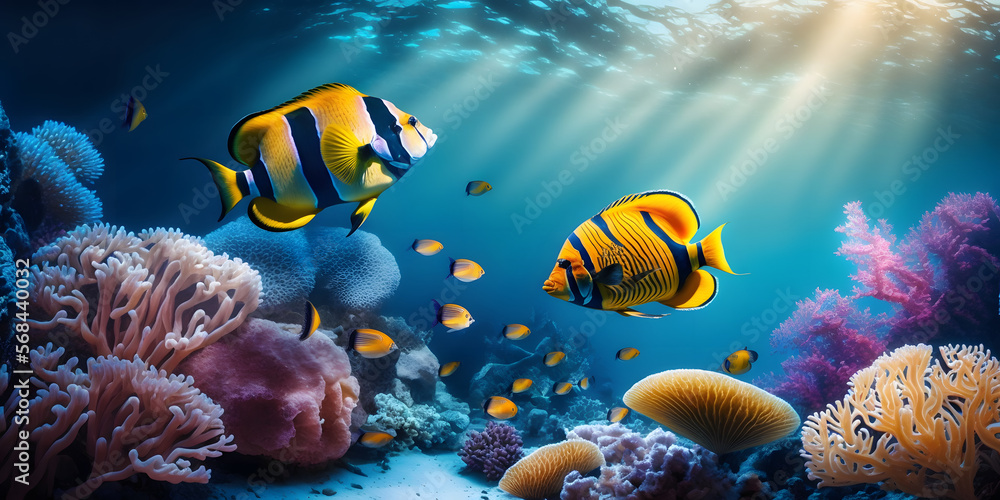 Coral reef and fish in the sea, tropical underwater background ...