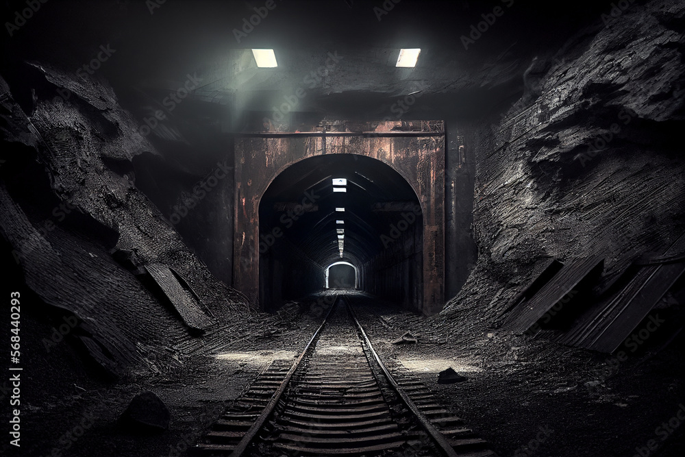 A large underground tunnel with a railway, tram, tram tracks, abandoned ...