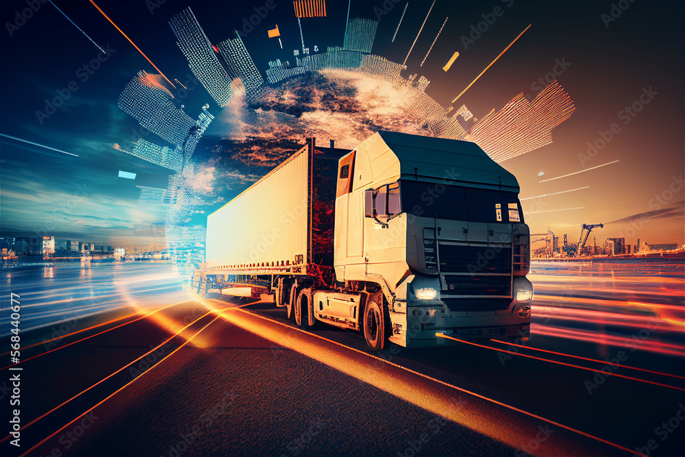 Truck, Container cargo supply chain visualization, illustration ...