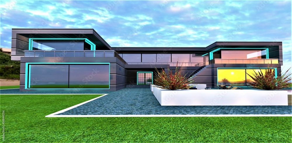 Exclusive design of the contemporary villa. White glowing curb between ...