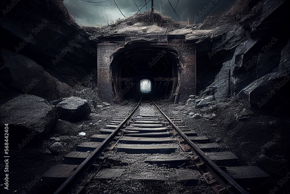 A large underground tunnel with a railway, tram, tram tracks, abandoned, old without people ...
