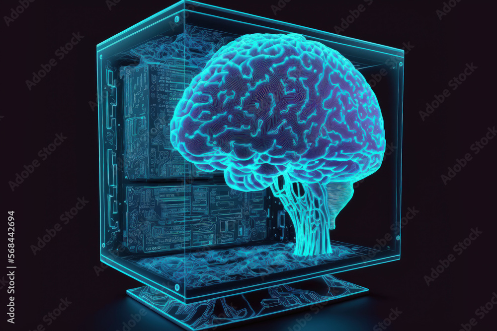 Double exposure shows a desktop computer drawing a hologram of the ...