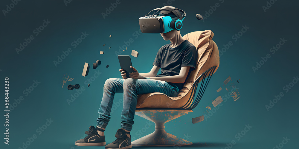 young man sitting on chair wearing a VR headset, concept art of digital ...