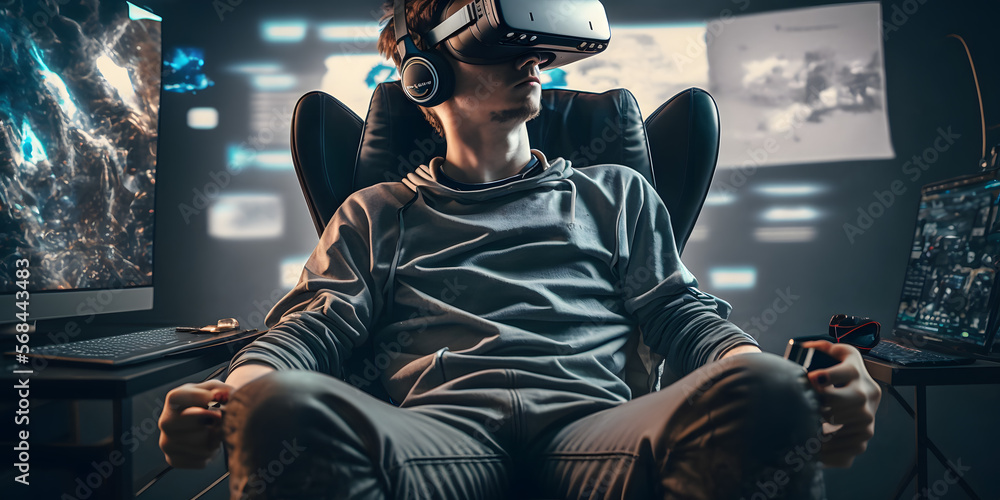 young man sitting on chair wearing a VR headset, concept art of digital ...