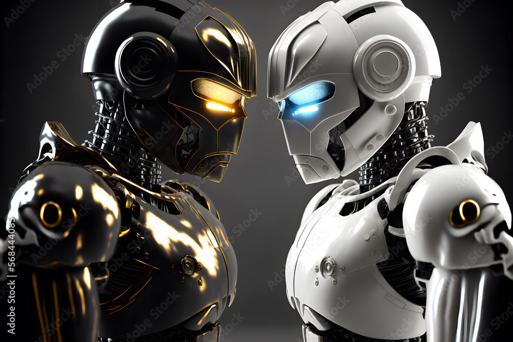 Black and white robots look at each other with shining eyes. The ...