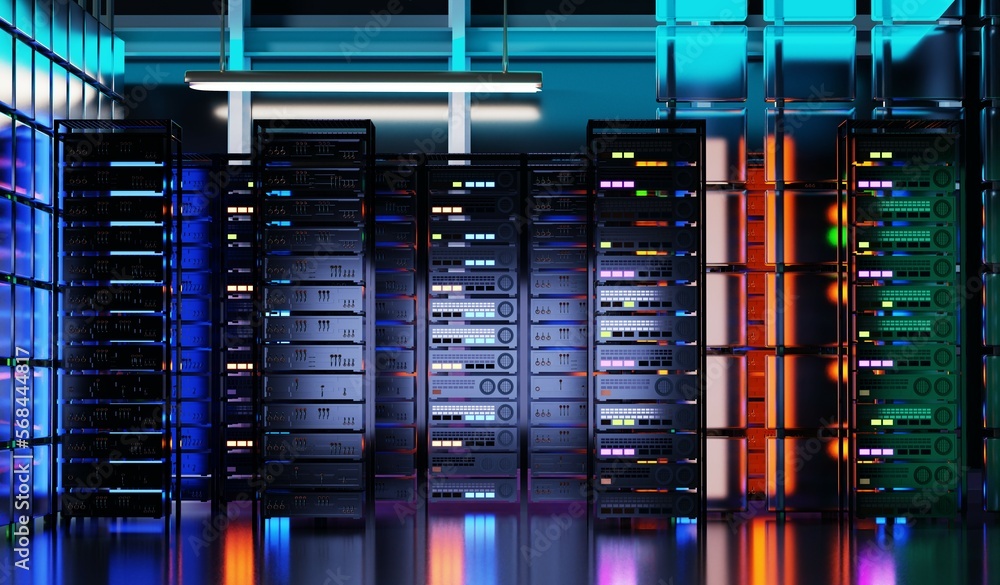 Server room with lots of computer and neon lights. Data center with ...