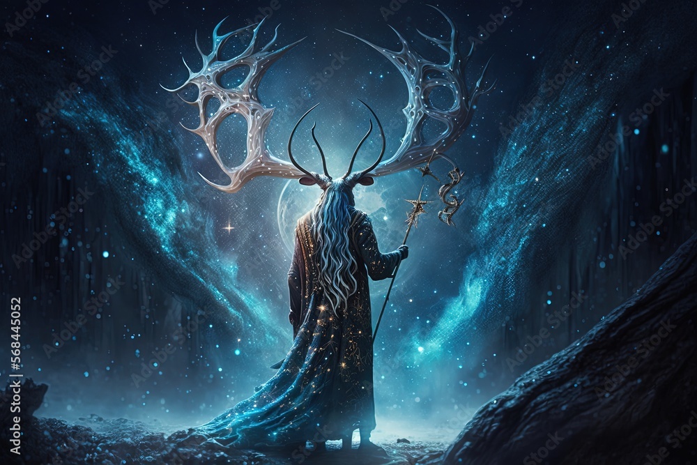 ancient druid wizard with huge antler walking among glitter glow light ...