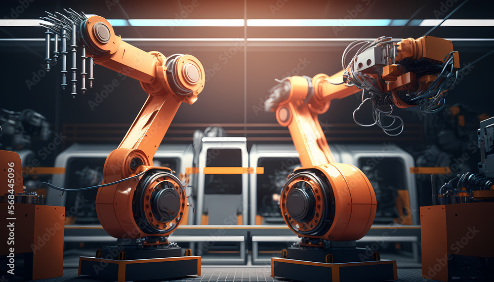 Robot arms for digital factory production technology showing automation ...