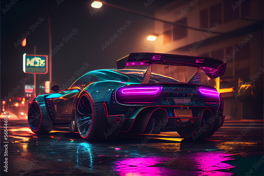 Sports cyberpunk futuristic car on a neon cyberpunk background. Night ...