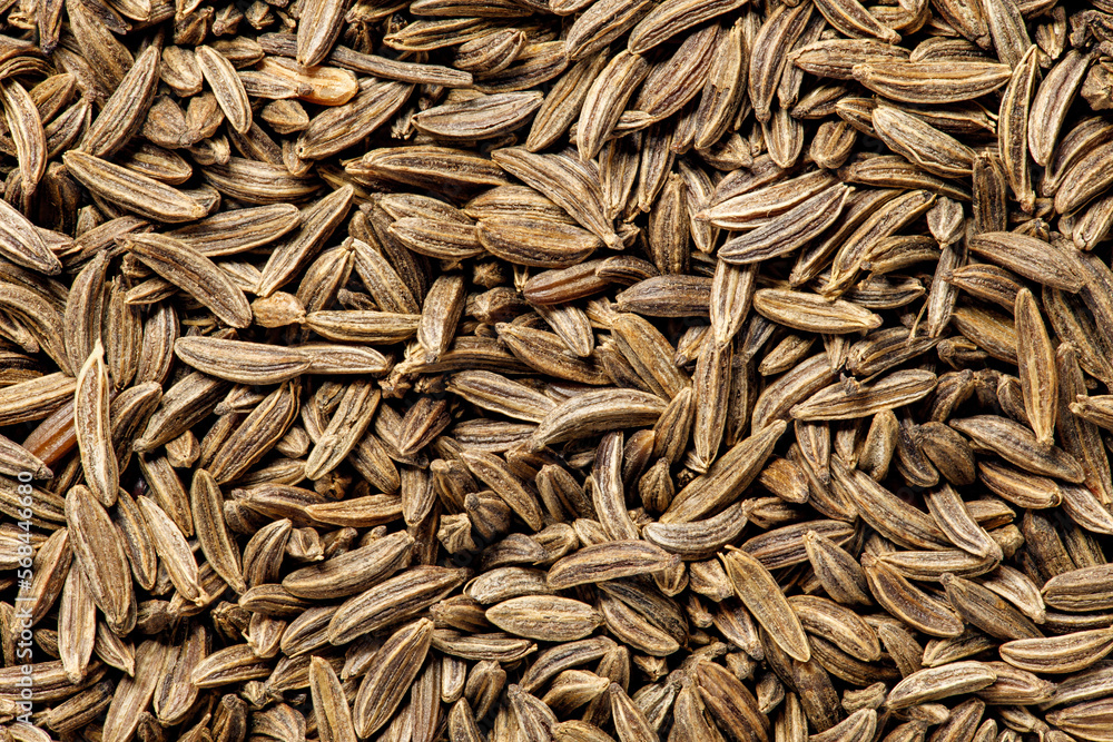 Cumin grains, small seed, background uniform texture, bunch in bulk ...