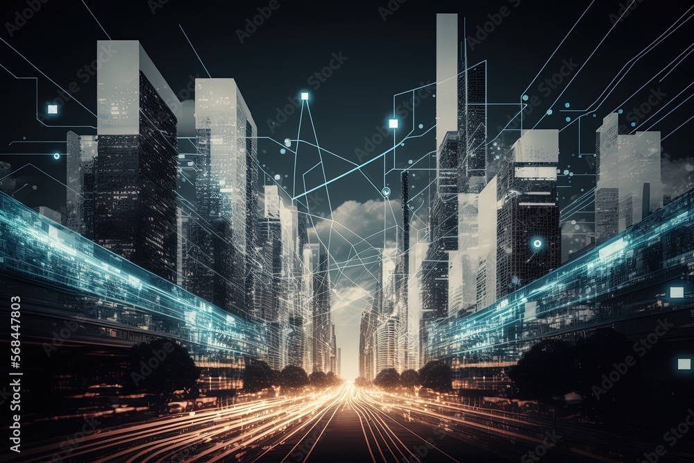 ภาพประกอบสต็อก electronic web light line connect covered over urban ...