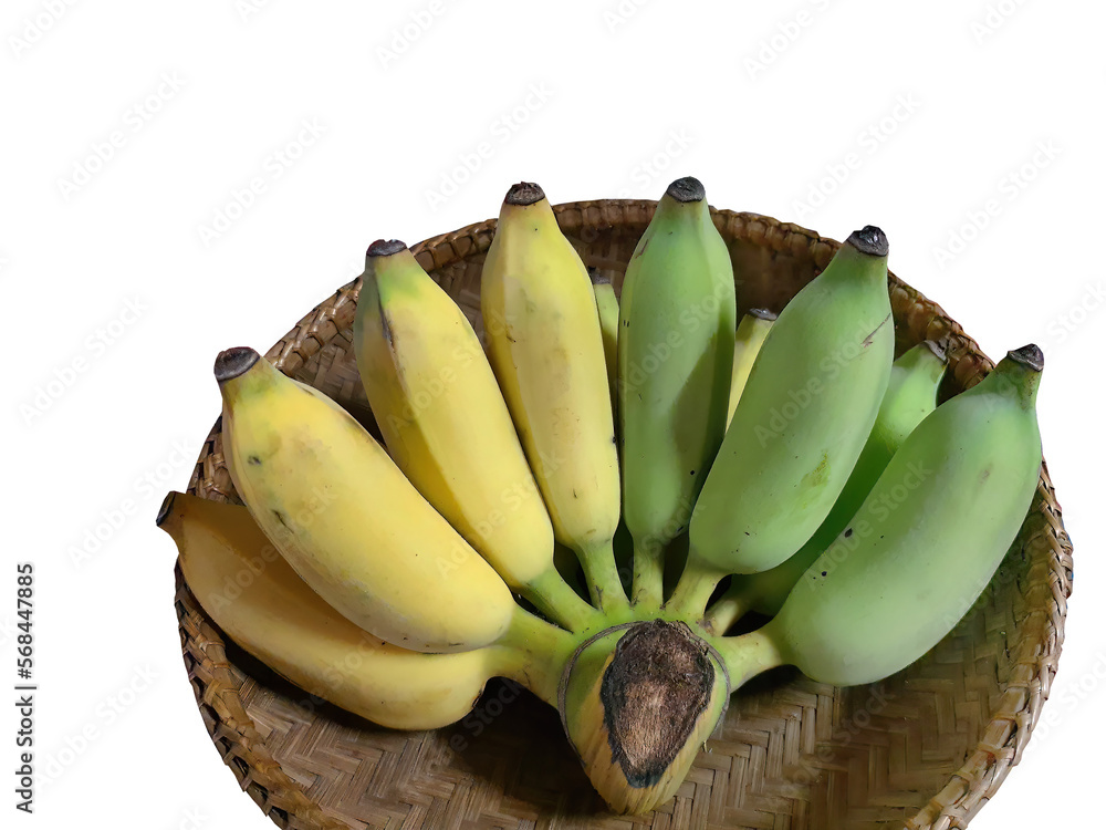 Top view, close up Ripening a bunch of Bananas in a rattan tray, half ...