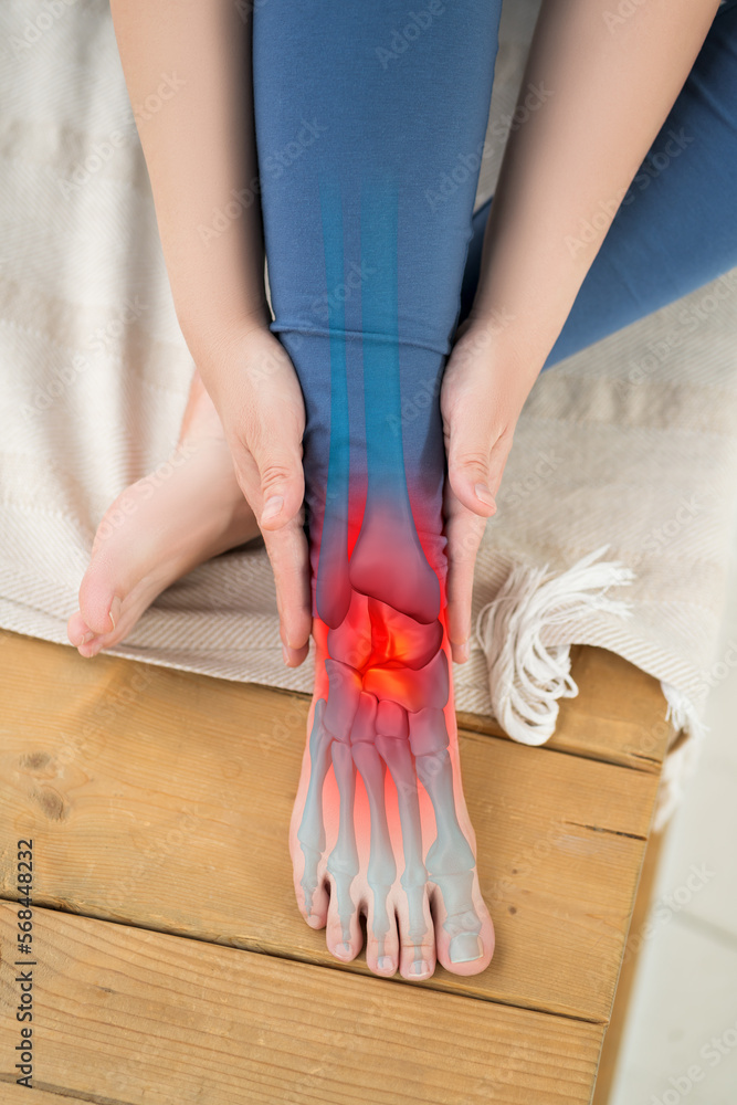 Joint inflammation, foot pain, woman suffering from feet ache at home ...