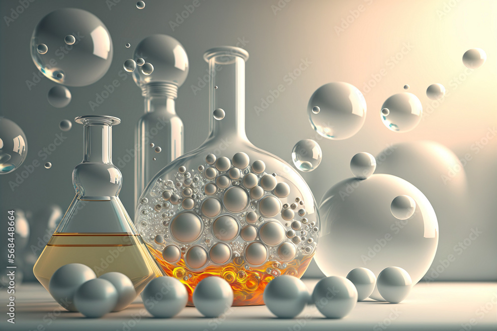 Perfumery production laboratory. Perfume bottles. Liquid essence oil ...