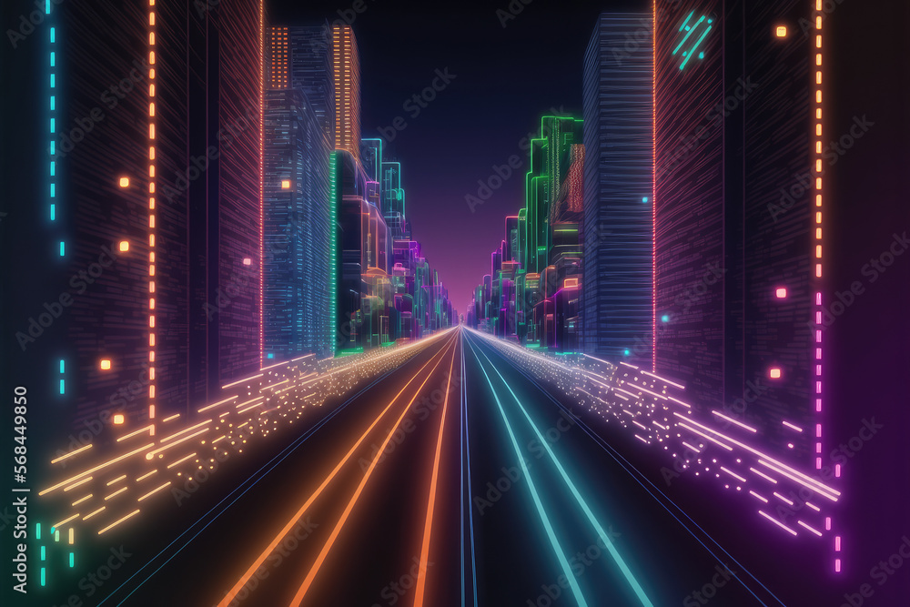 Abstract highway path through digital smart city graphic design ...