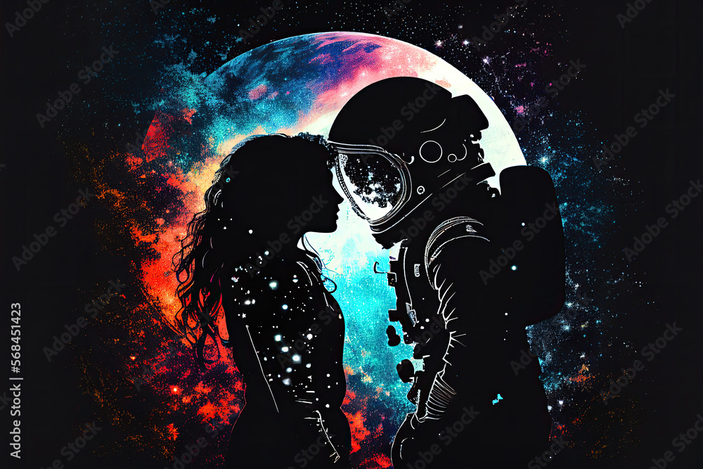 ภาพประกอบสต็อก Astronaut in space suit and woman standing together ...