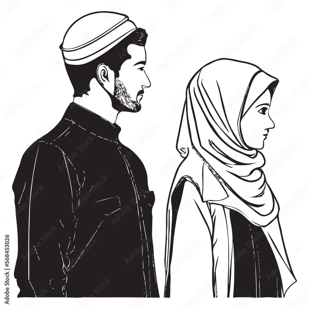 Muslim couple vector Black outline sketch illustration isolated on ...