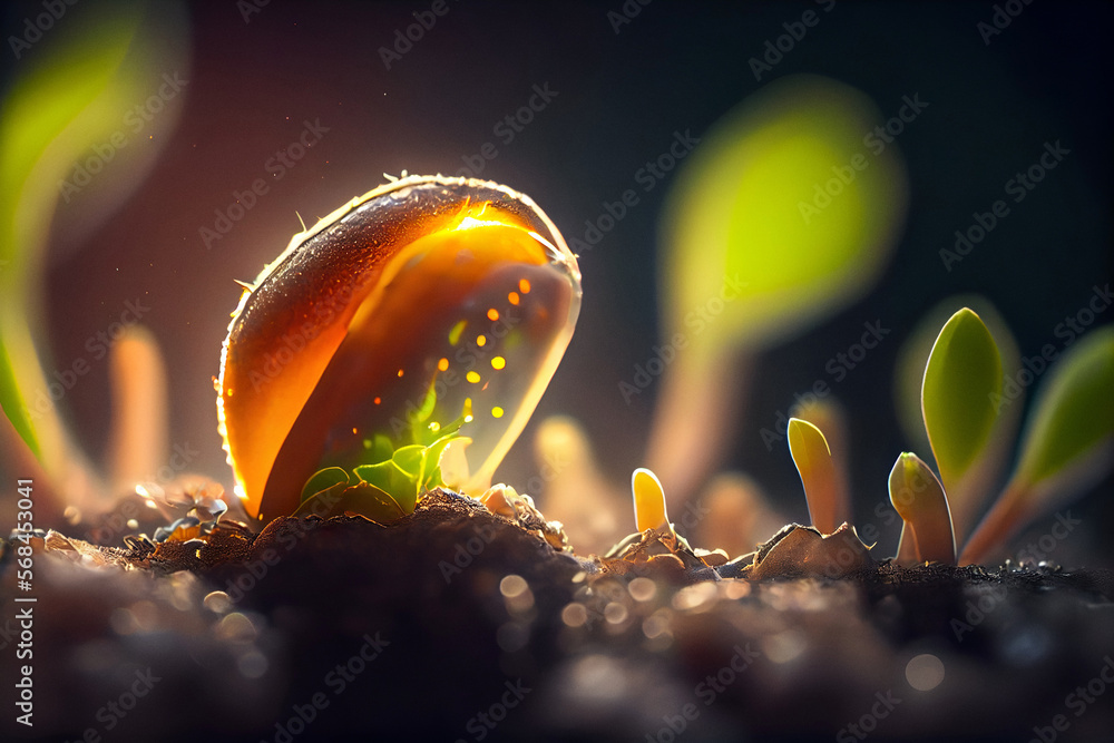 Glowing and growing new sprouts at night. New green plant coming out of ...