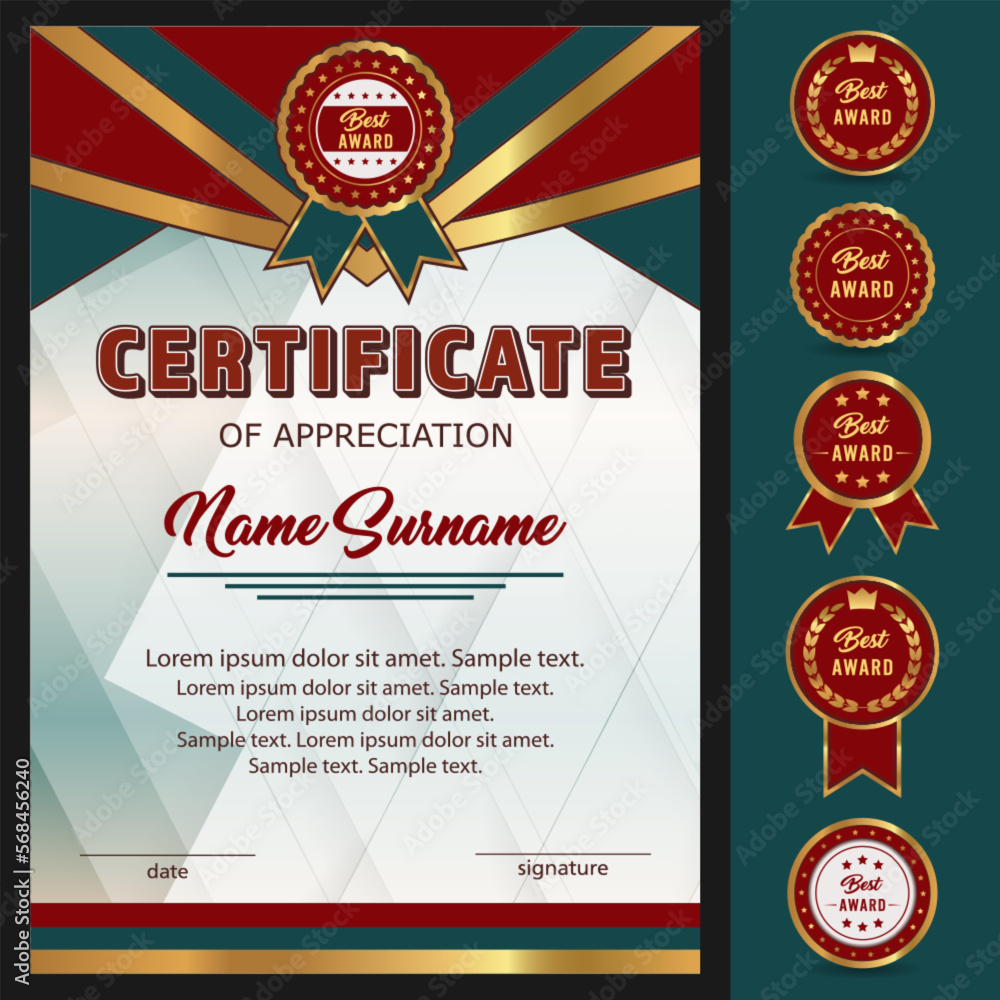 Certificate of appreciation, achievement, diploma and best award label ...