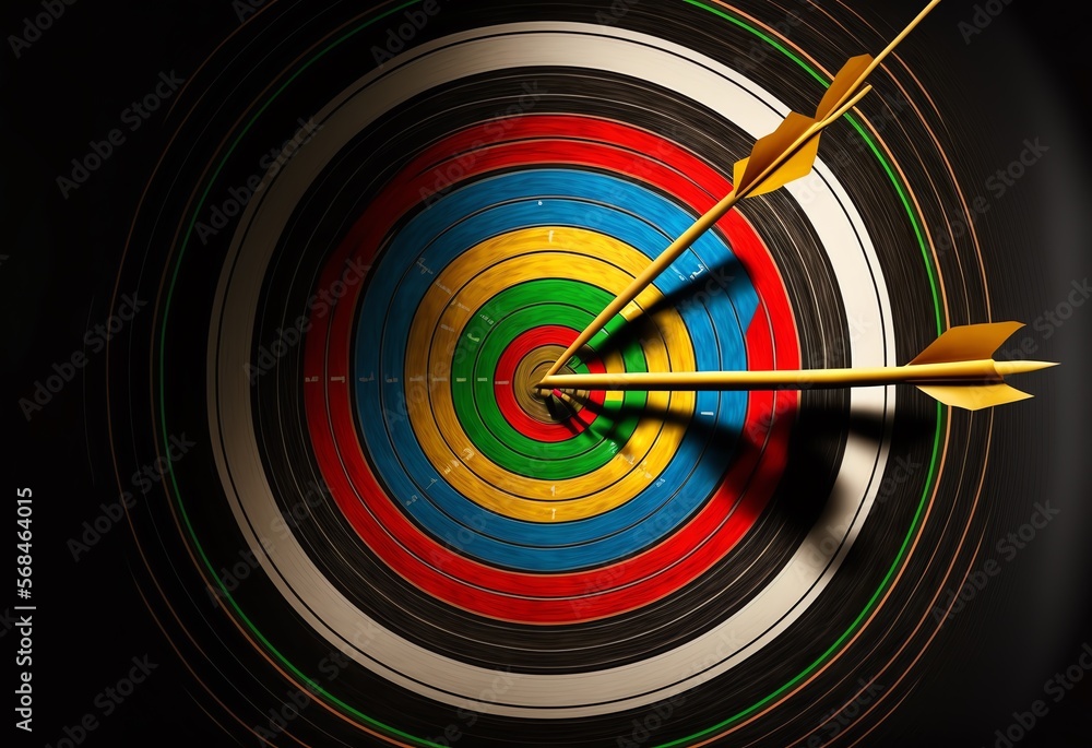 Target arrow in bull-eye. Arrow hitting in the target center of ...