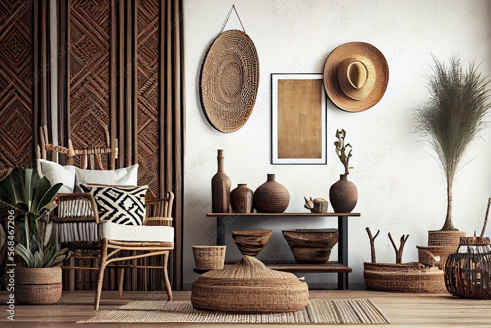Wall mockup in rustic room with old rattan furniture and ethnic decor ...