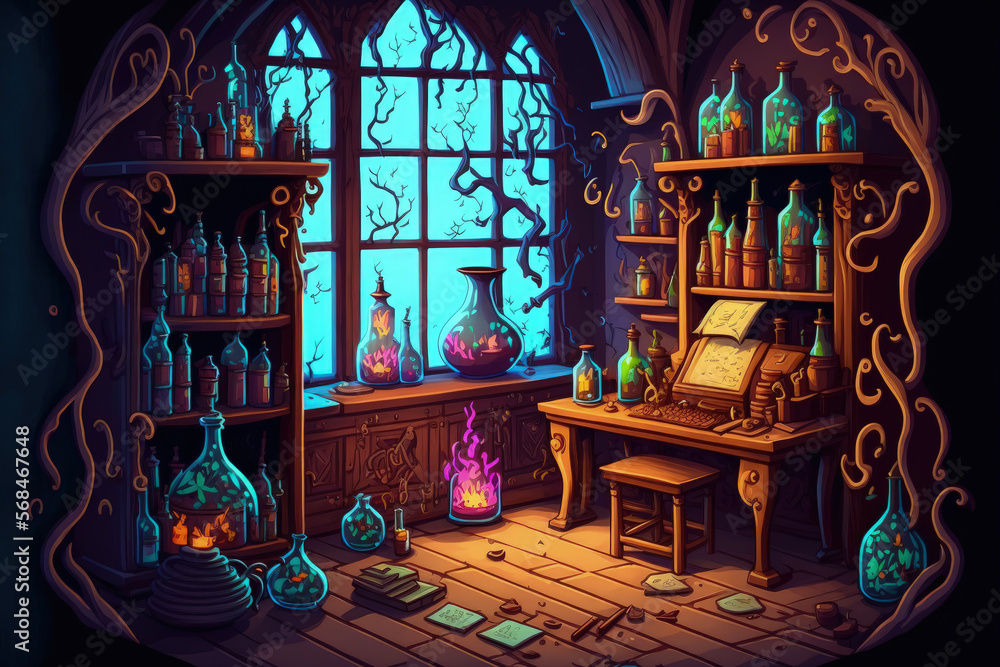 lab used by medieval alchemists. Halloween. Imaginary interior ...